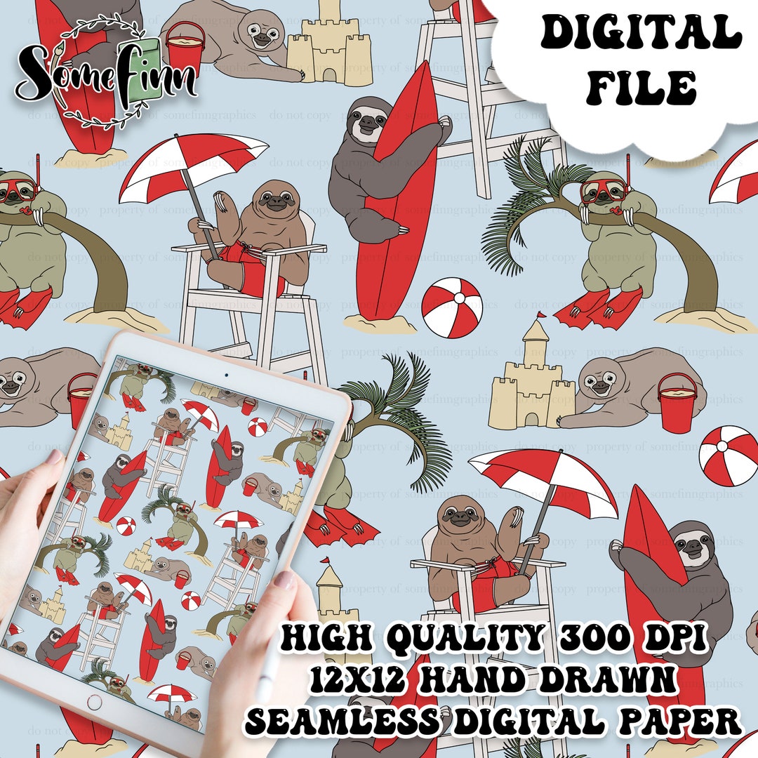 Summer Sloths Digital Seamless Paper - Cute Sloth Pattern, Beach ...