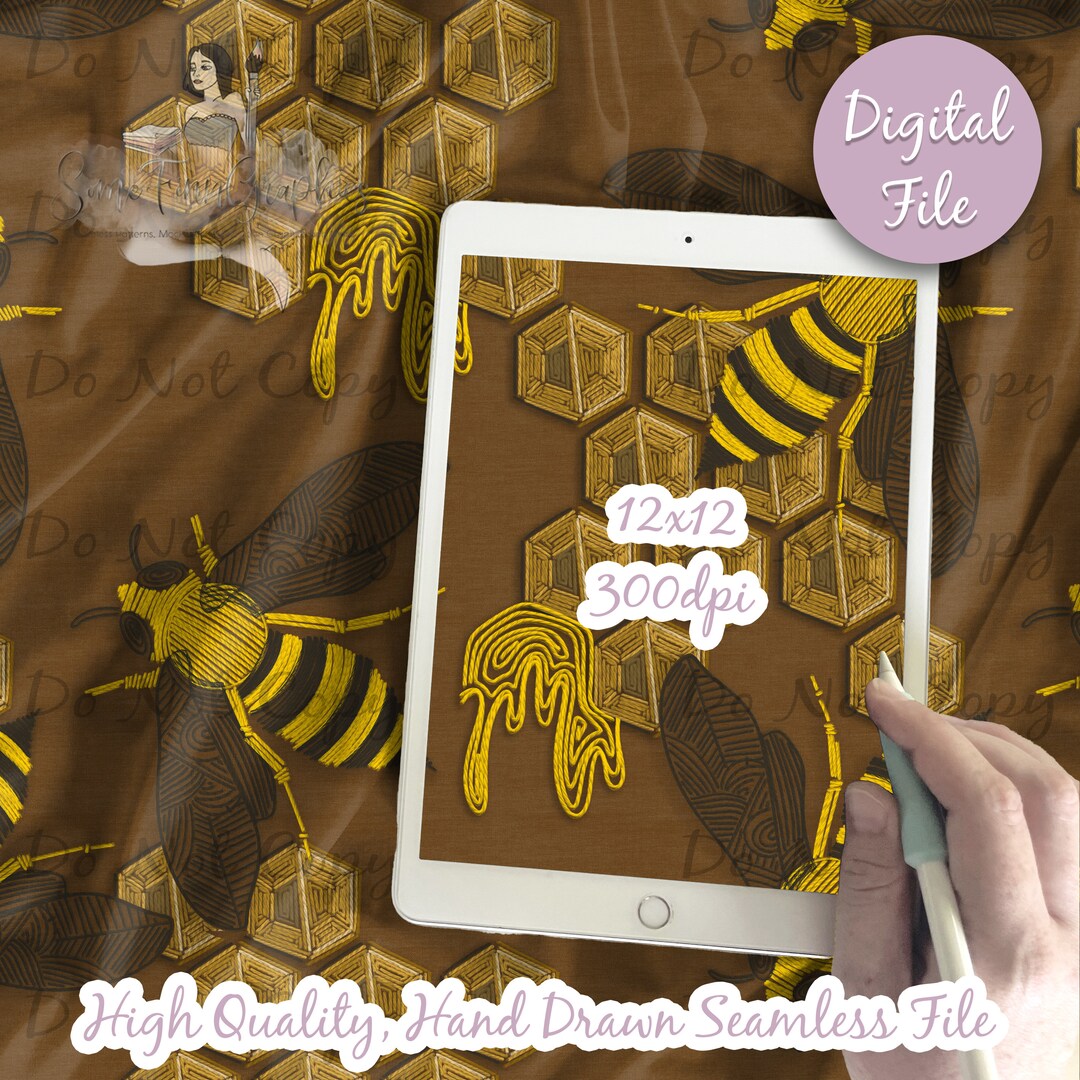 Embroidery Bees Digital Paper, Seamless Bugs Bumble Bee Pattern, Fabric ...