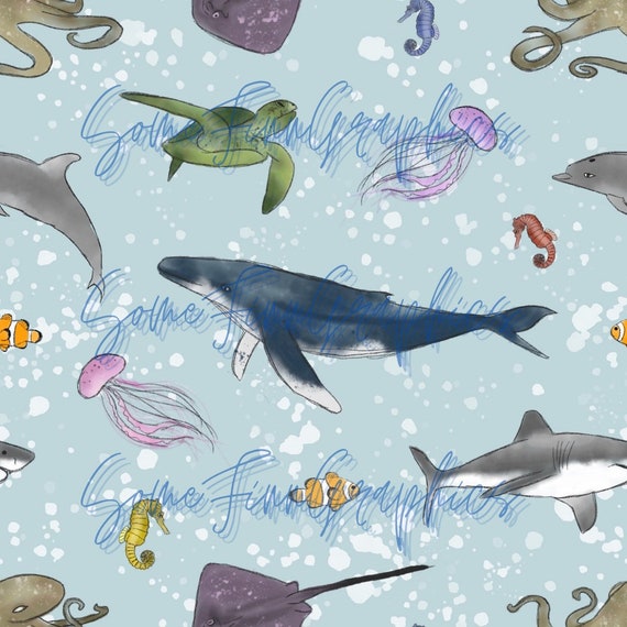 Oceanic Creatures Digital Paper Seamless Watercolor Fish | Etsy