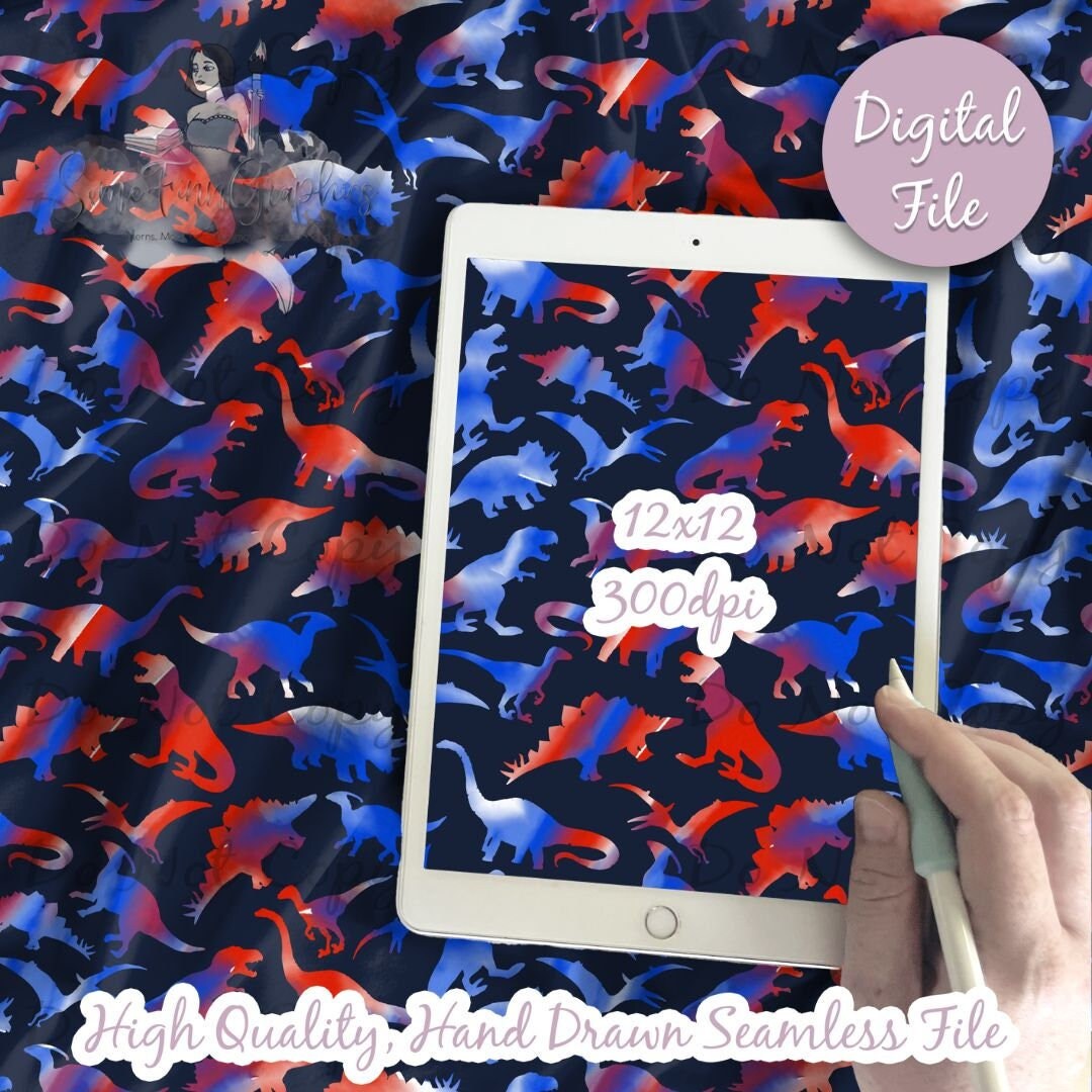 Dinosaurs Digital Paper - Seamless 4th of July Pattern, Red White Blue ...