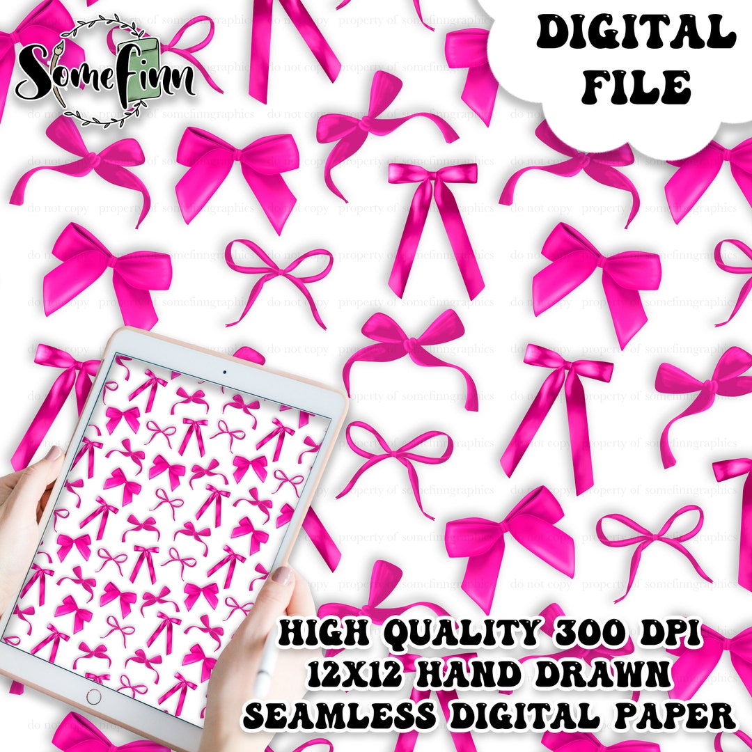 Bows Digital Paper - Seamless Hot Pink Bows Pattern, Custom Bow Fabric ...