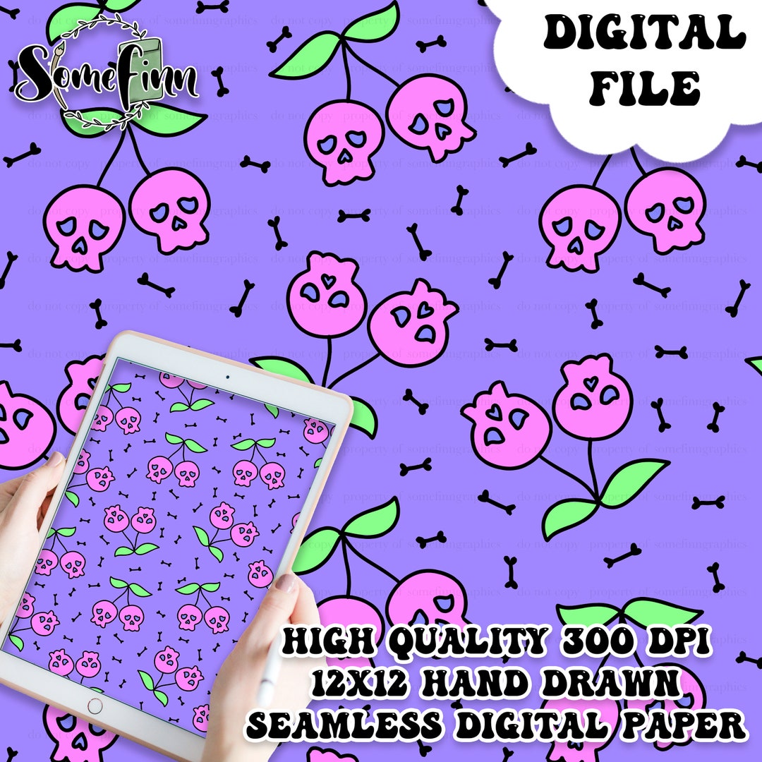 Cherry Skulls Digital Paper - Seamless Skull Cherries Pattern ...