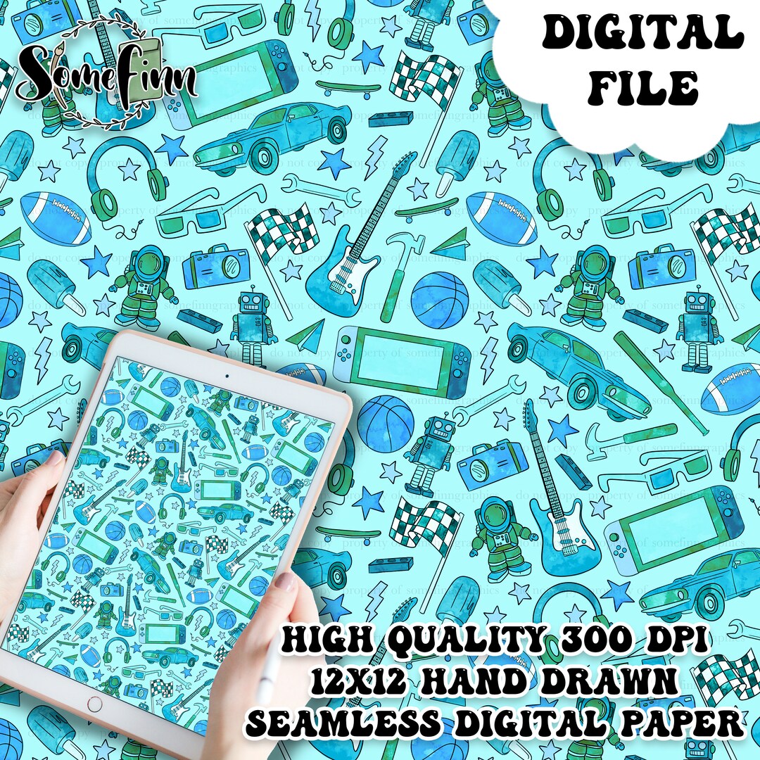 All Things BOY Digital Paper - Seamless Boy Collage Pattern, Robot ...