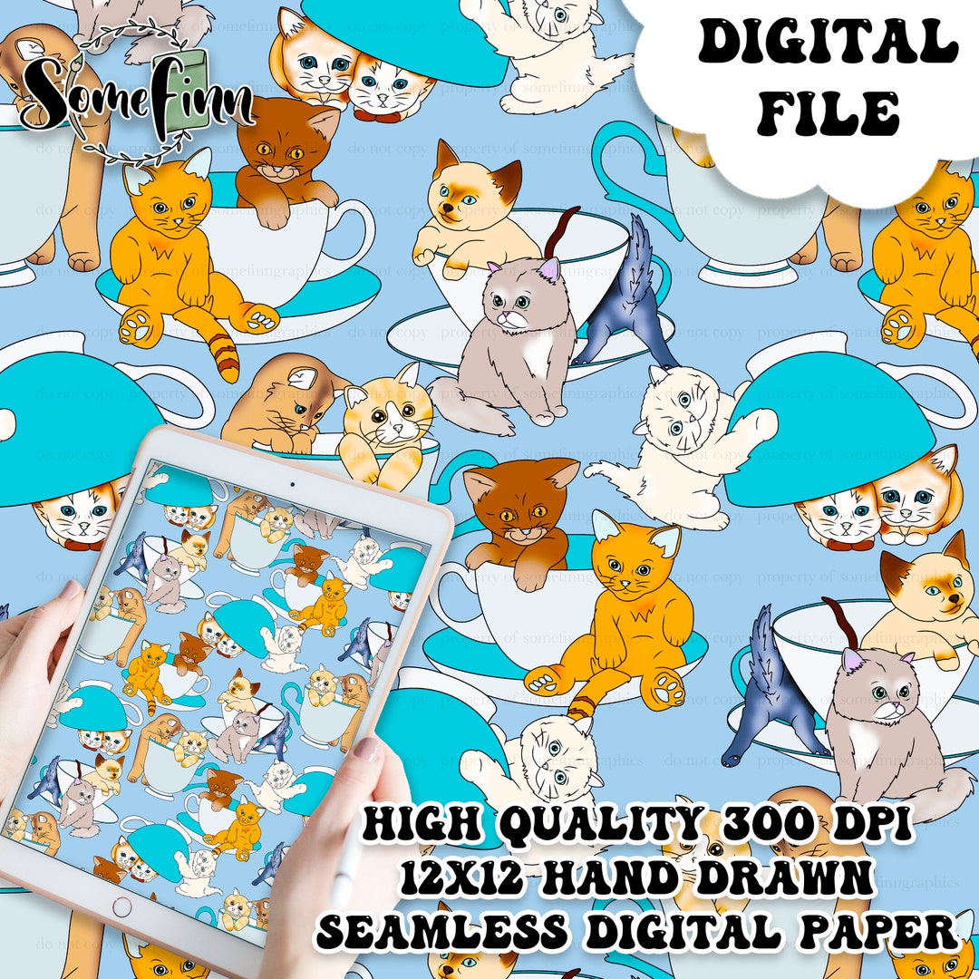 Tea Cup Cats Digital Paper, Seamless Cat Pattern for Fabric and ...