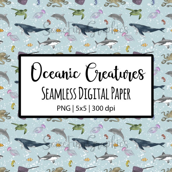Oceanic Creatures Digital Paper Seamless Watercolor Fish | Etsy