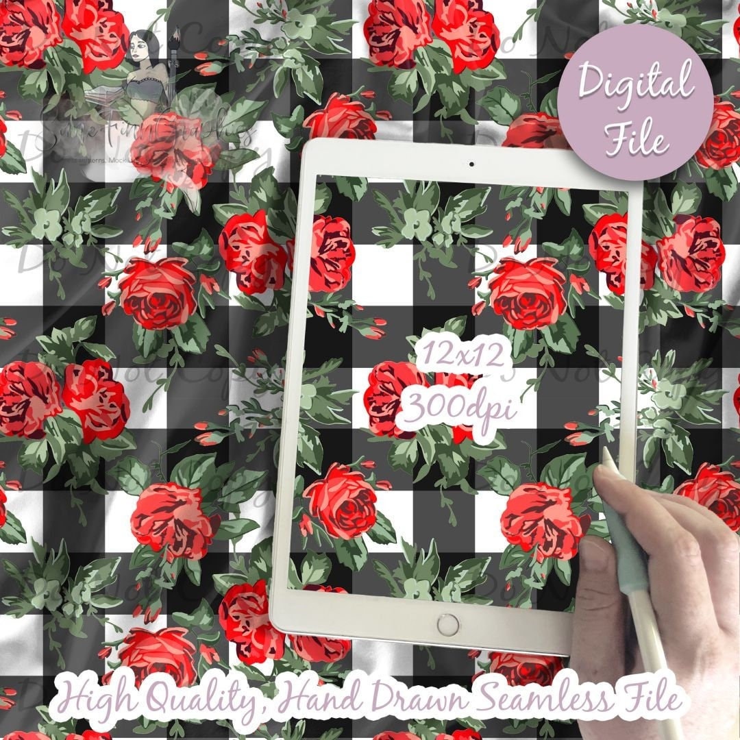 Roses Buffalo Plaid Digital Paper - Seamless Bold Rose Floral Pattern ...