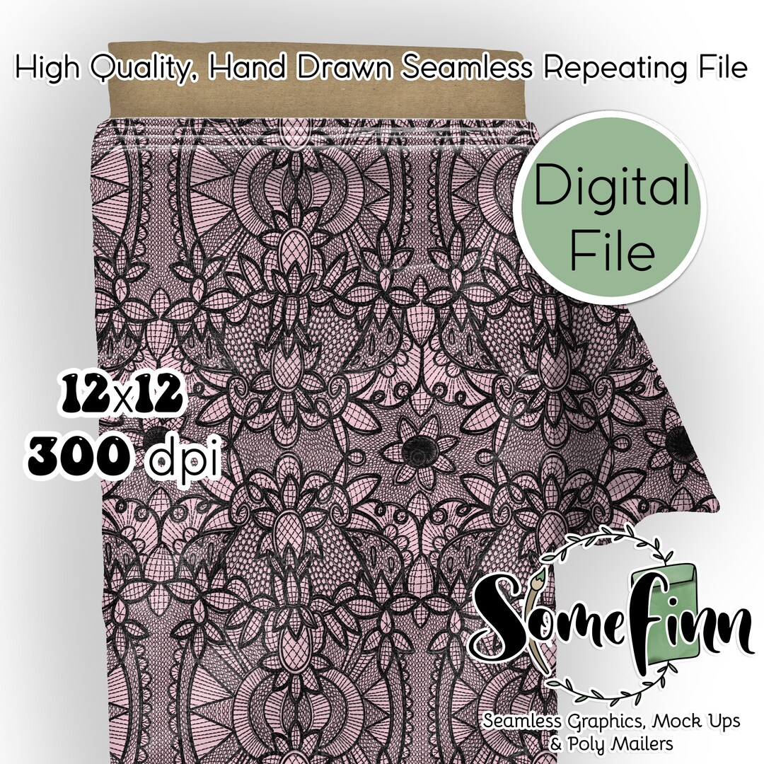 Realistic Black Pink Lace Digital Paper, Seamless Lace Pattern, Black ...