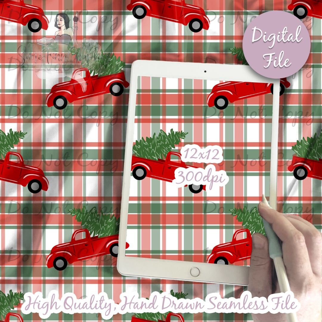 Truck Digital Paper, Seamless Christmas Tree Pattern, Pickup Xmas ...