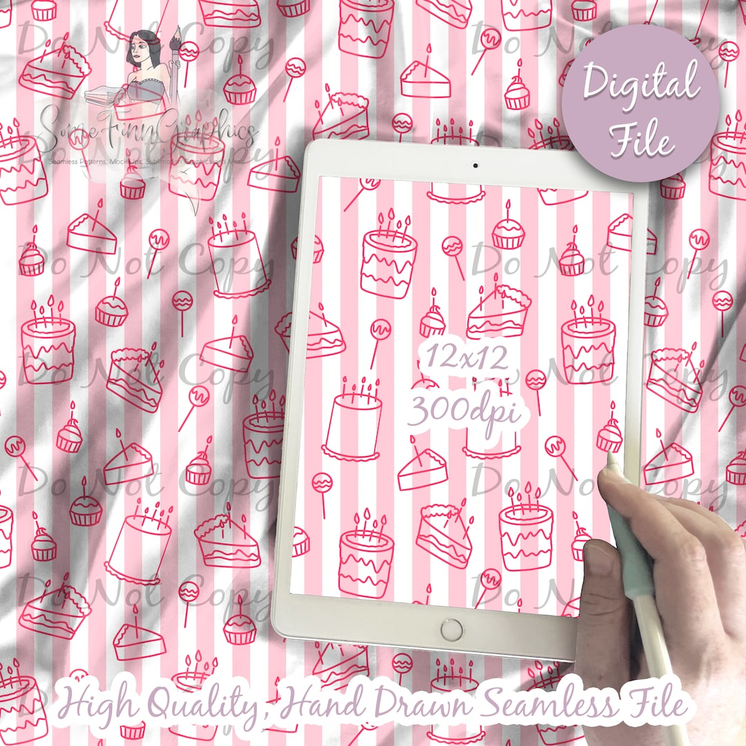 Pink Birthday Digital Paper - Seamless Sketchy Doodle Cakes Cupcakes ...