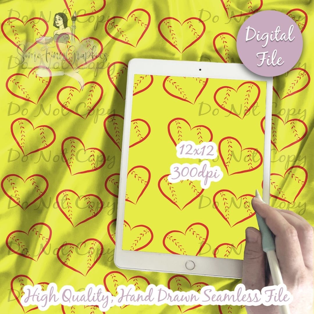Softball Hearts Digital Paper, Seamless Pattern, Softball Heart Fabric ...