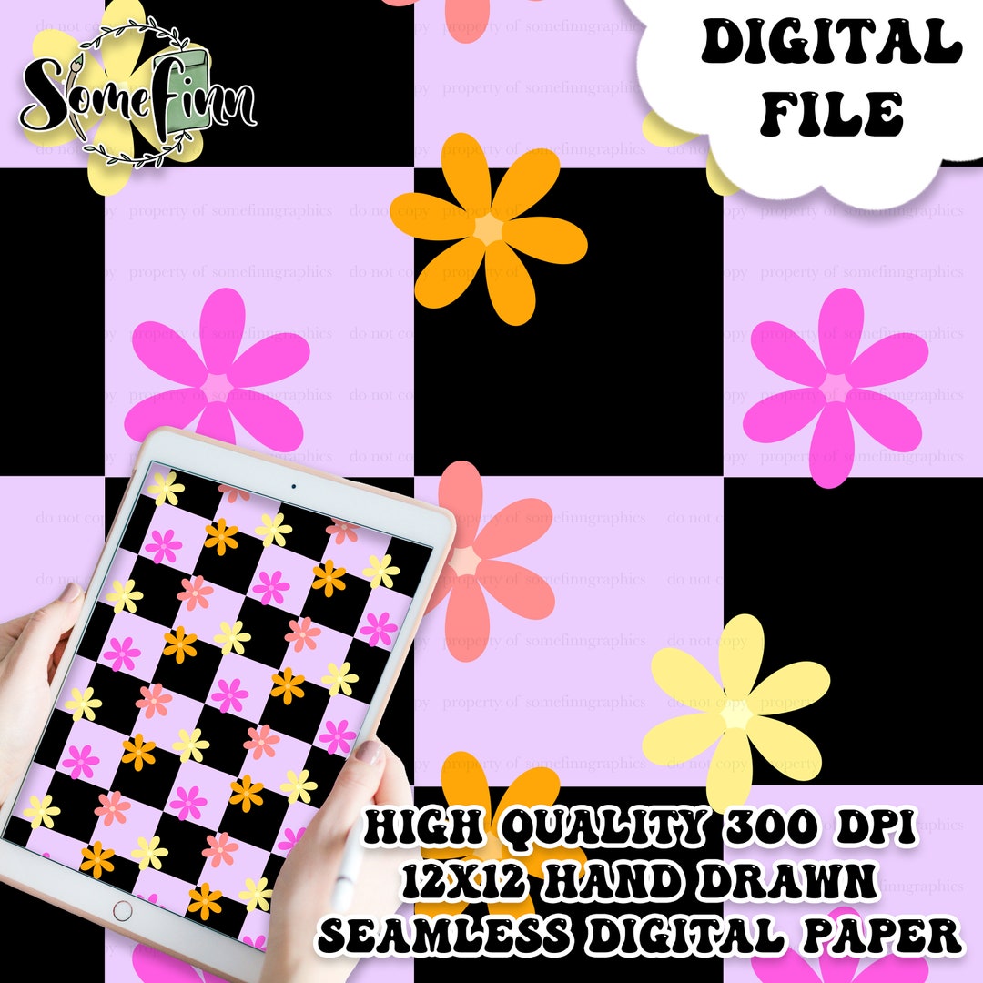 Checkered Daisy Floral Digital Paper - Swim Safe Seamless Flower ...