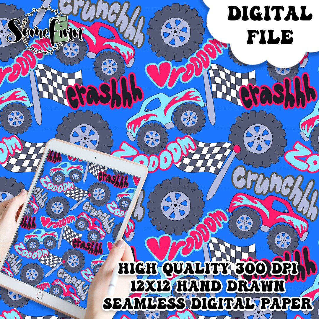 Monster Trucks Digital Paper - Seamless Pattern, Wheelie, Blue Truck ...