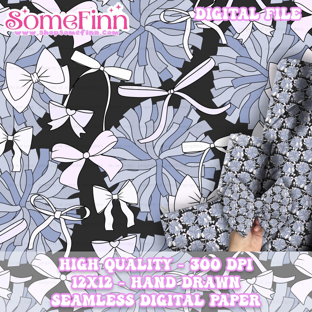 Cheer Pom Poms and Bows Digital Paper, Seamless Pattern, Cheerleader ...