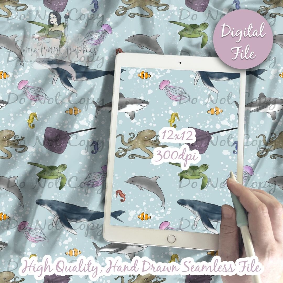 Oceanic Creatures Digital Paper - Seamless Watercolor Fish Pattern ...