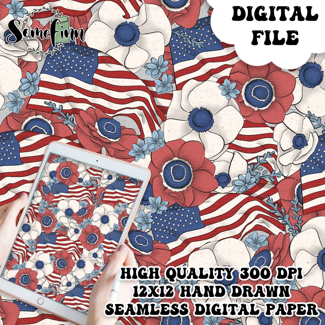 Patriotic 4th of July Digital Paper, Seamless USA Flag and Floral ...