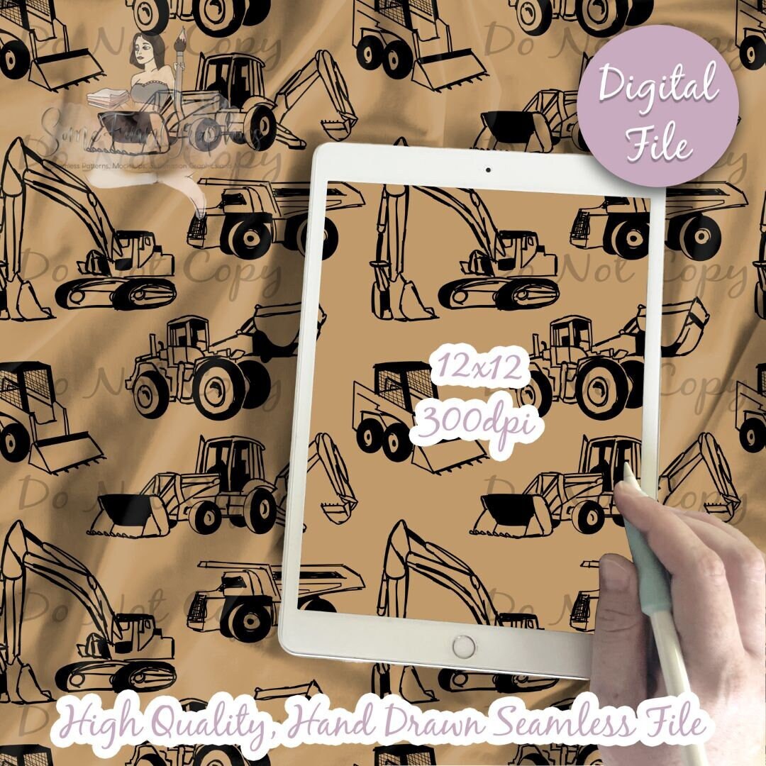 Construction Trucks Digital Paper - Seamless Tractor Pattern, Caution ...