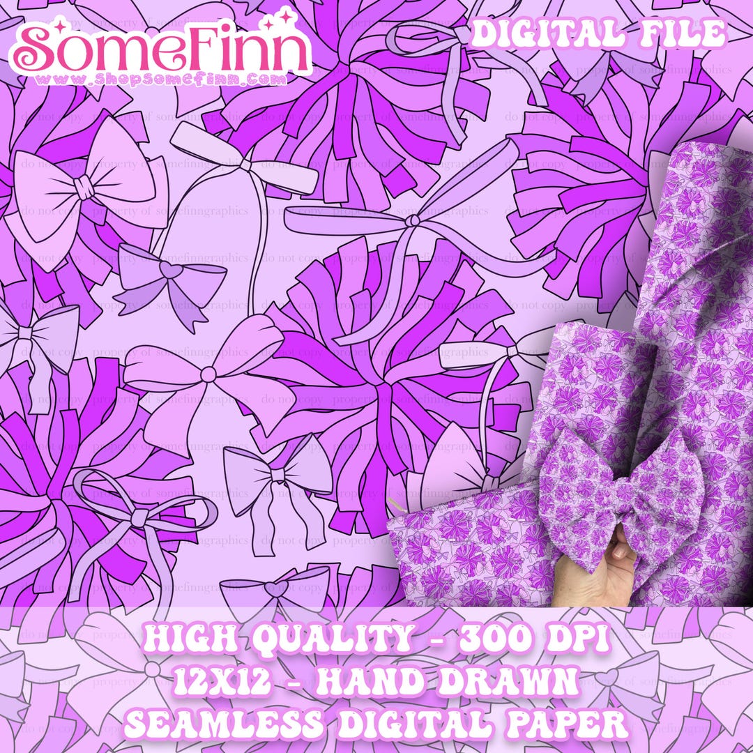 Cheer Pom Poms and Bows Digital Paper, Seamless Pattern, Cheerleader ...