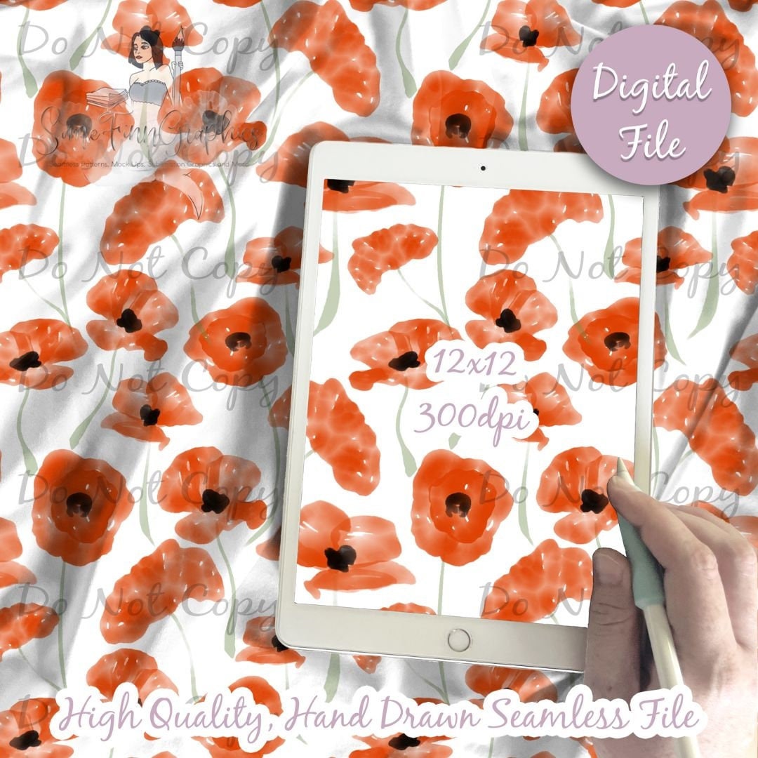 Poppies Digital Paper, Seamless Poppy Flower Watercolor Pattern, Floral ...