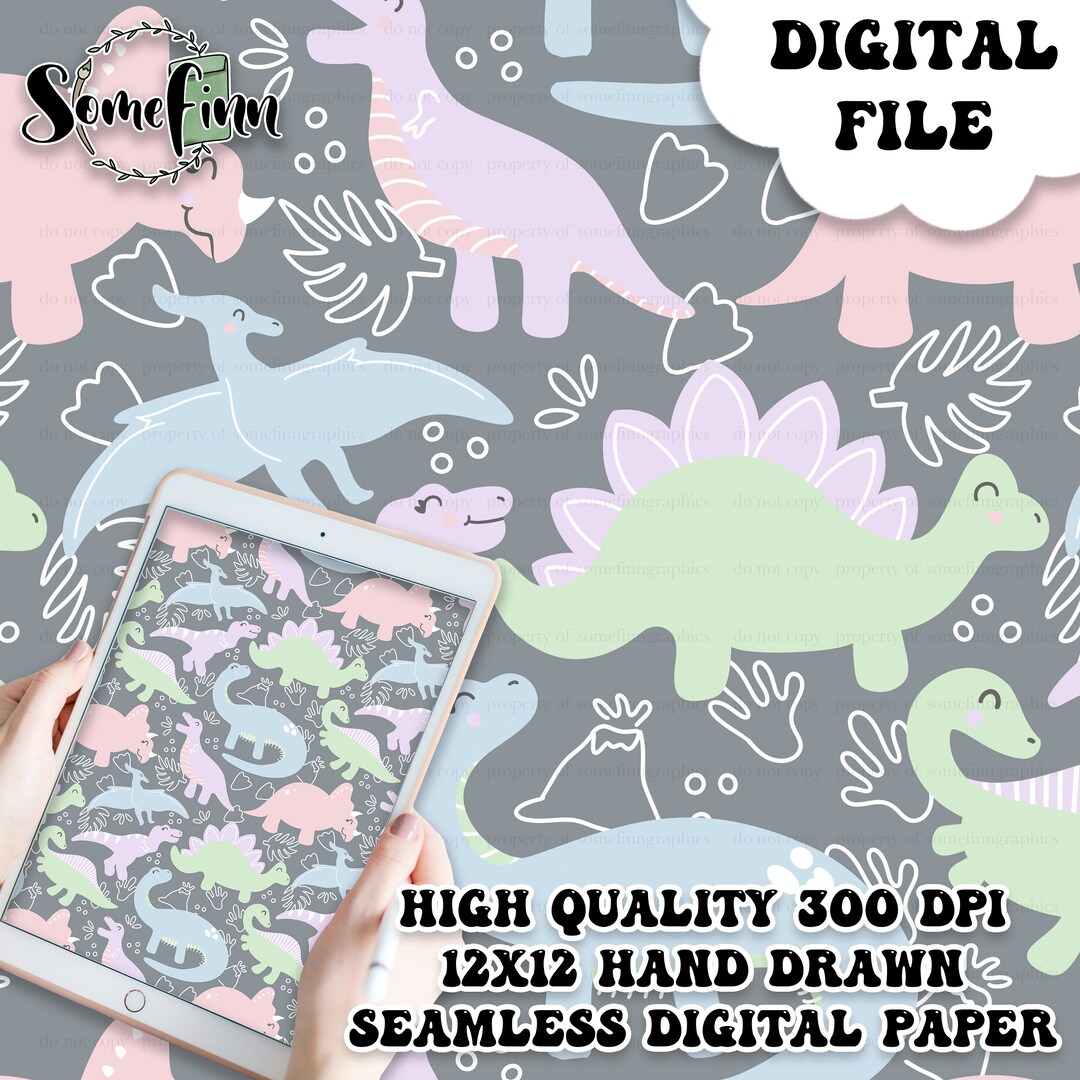 Cute Dinosaurs Colorful Digital Paper - Pastel Gray Seamless Cute Dino ...