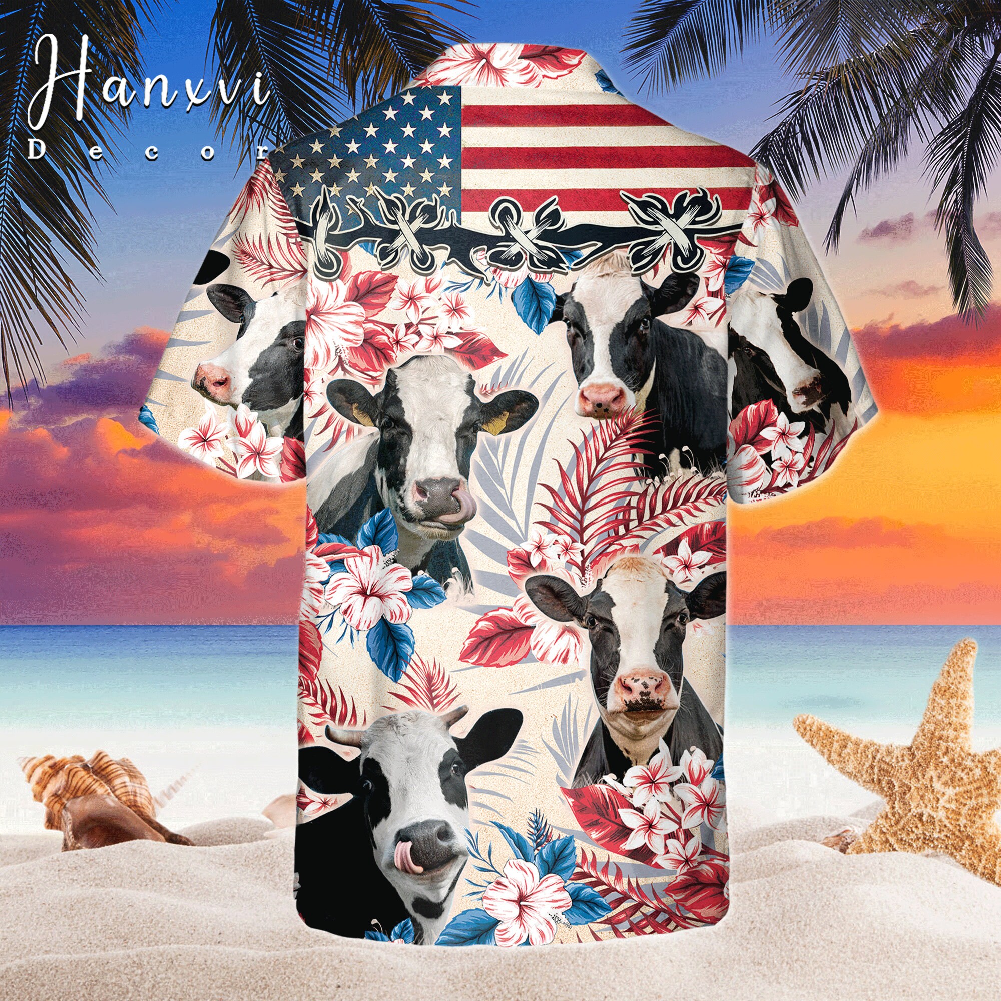 Holstein Friesian Cow Tropical Hawaii Shirt, American Flag Dairy Cattle ...