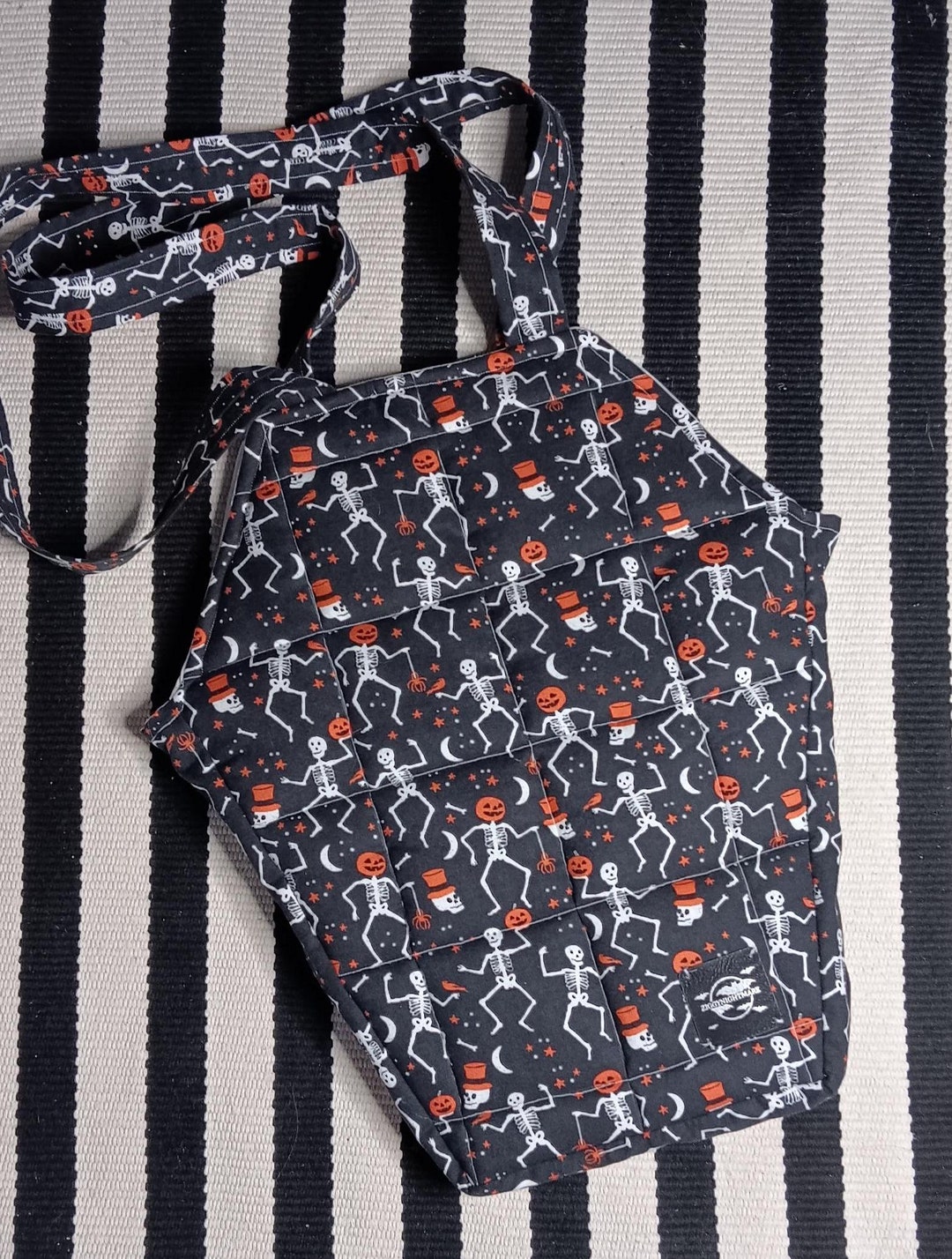 Coffin Shaped Quilted Tote Bag Handmade, Skeleton Dance Pattern Goth ...