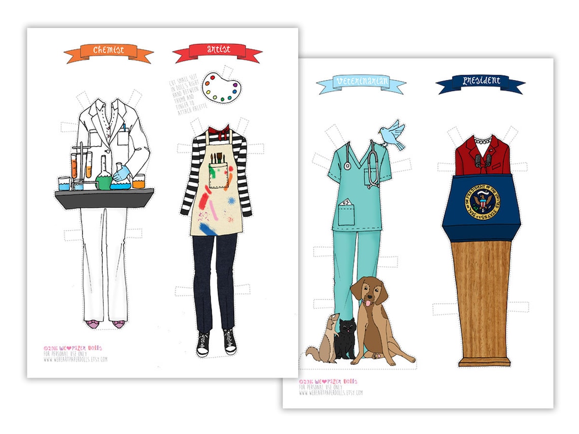 Career Paper Doll Professions Dress up Outfits Digital Paper - Etsy Canada
