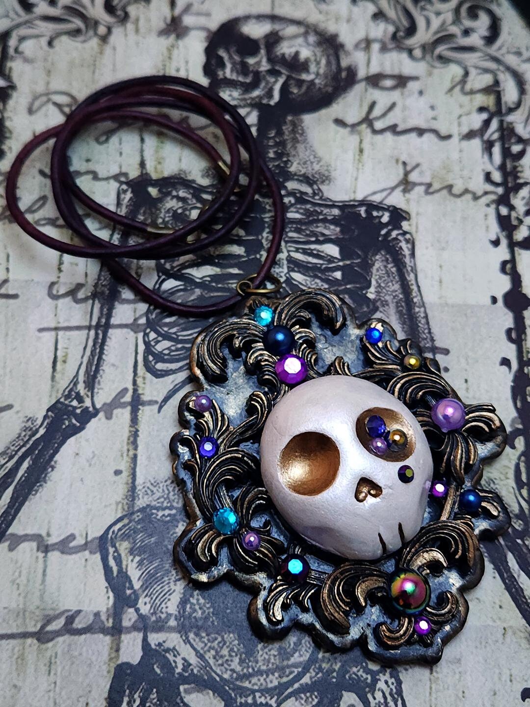 Gothic Baroque Frame Memento Mori Skull Pendant Necklace in Silver or ...