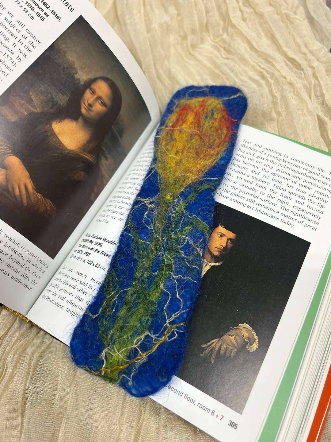 Felt Art/ Wet Felted Bookmark yellow Tulip/abstract/beaded/multicolor ...