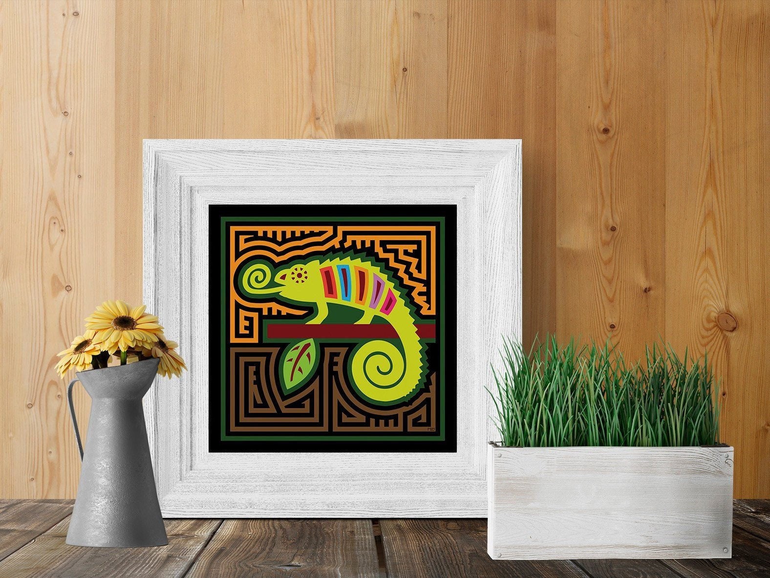 Chameleon Mola-inspired Art Print, Abstract Chameleon Art, Camaleon ...