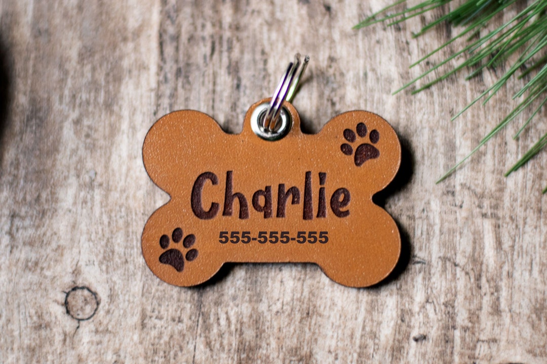 Leather Dog ID Tag | Dog Bone ID Tag With Paw Prints - Etsy