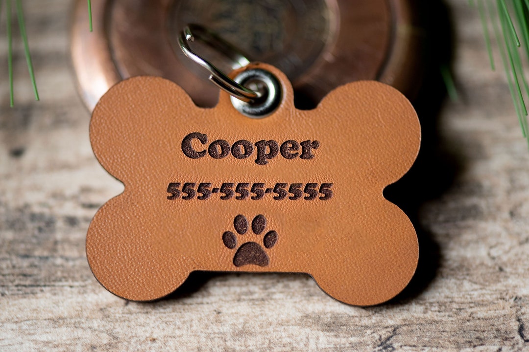 Leather Dog ID Tag | Dog Bone ID Tag With Paw Print - Etsy