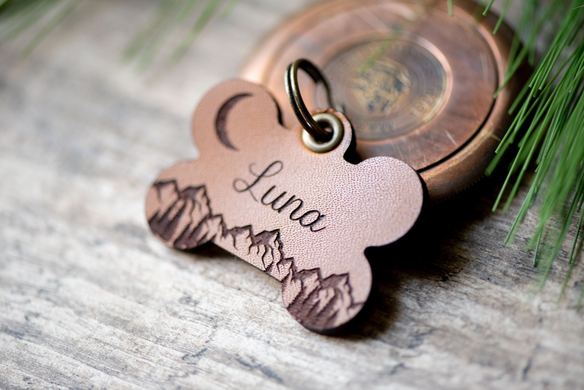 Leather Dog ID Tag Dog Bone ID Tag Mountains and Moon | Etsy