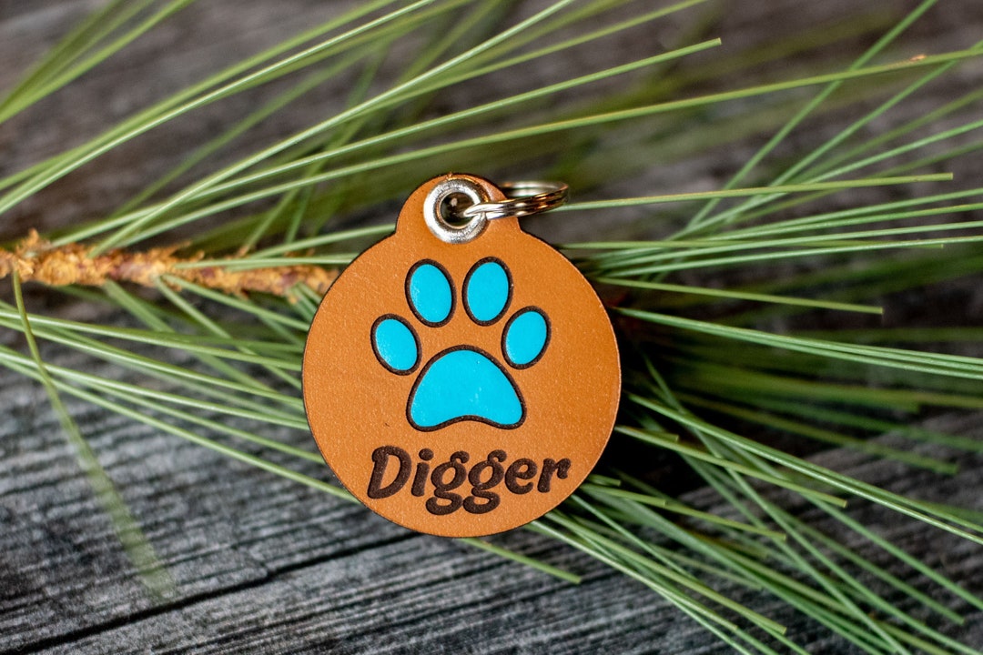 Leather Dog Tag, Quiet Dog ID | Hand Painted Paw Print With Name - Etsy