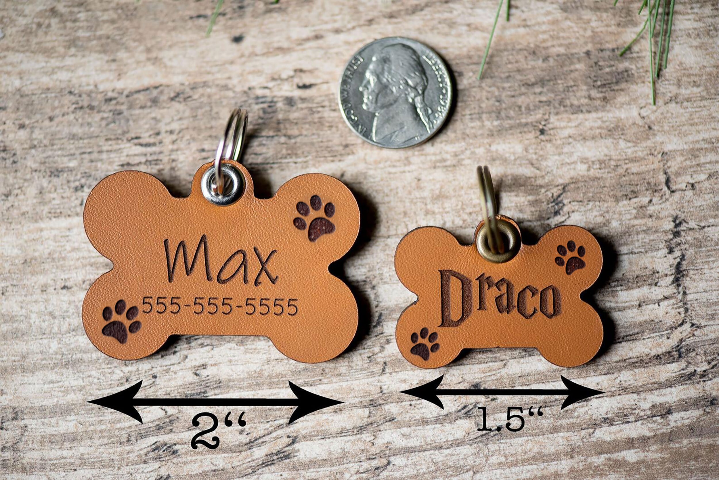 Leather Dog ID Tag Dog Bone ID Tag With Paw Prints - Etsy