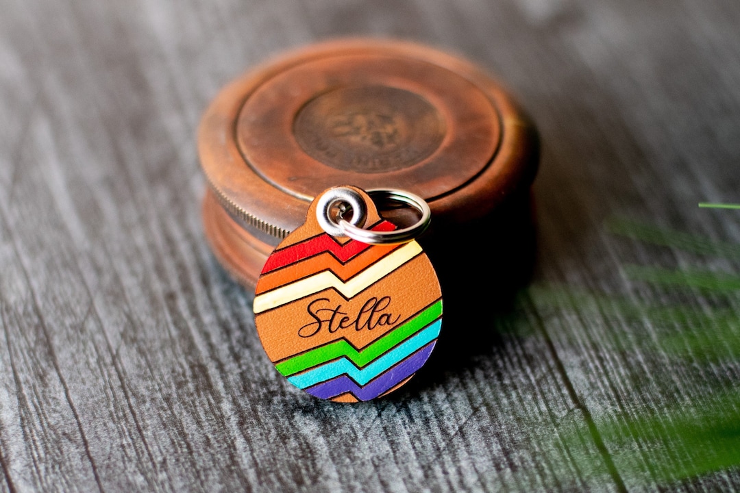 Lightning Rainbow Dog Tag, Quiet Leather Dog ID | Hand Painted Leather ...