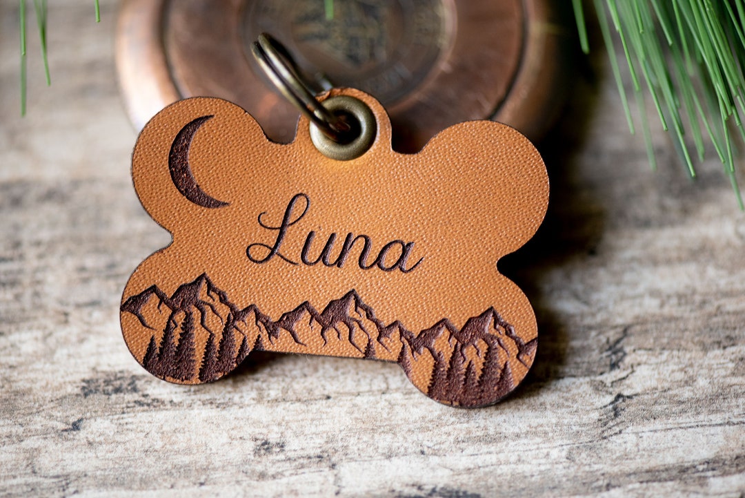 Leather Dog ID Tag | Dog Bone ID Tag | Mountains and Moon - Etsy