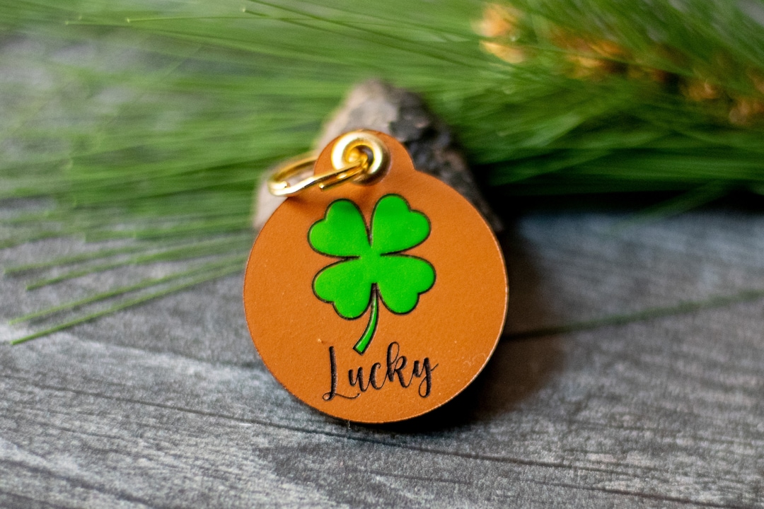 Leather Dog Tag, Quiet Dog ID | Hand Painted Shamrock - Etsy