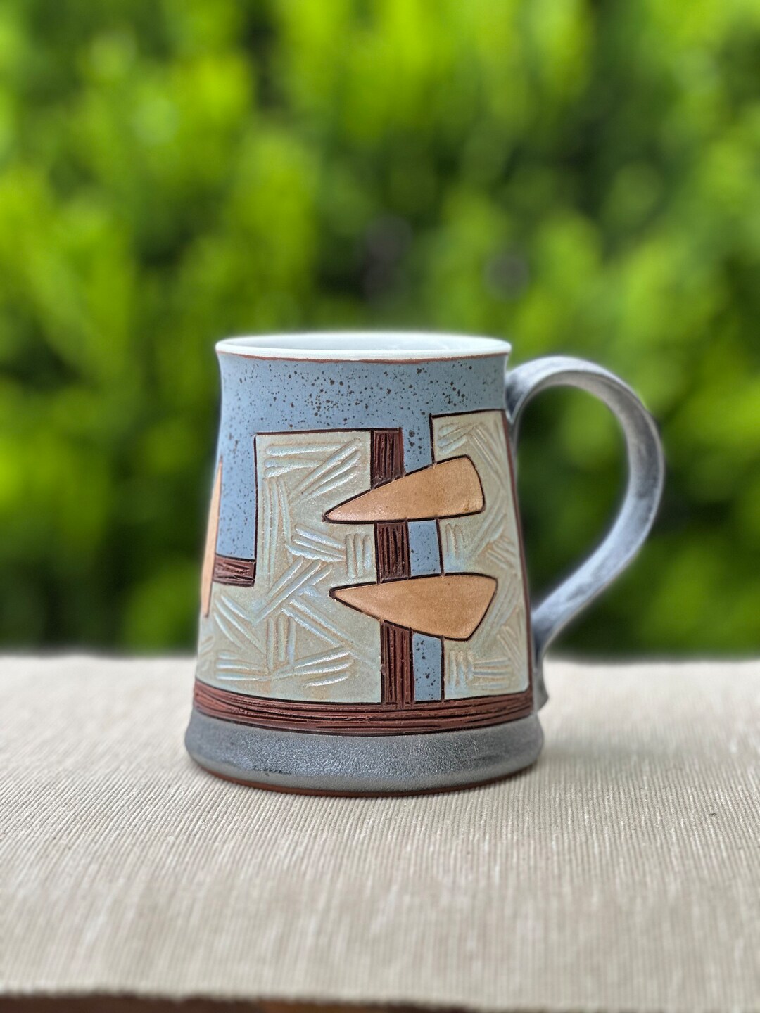 Large Coffee Mug, Blue Patterned Mug, Pottery Beer Mug, Unique Ceramic ...