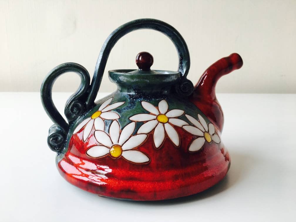 Handmade Teapot, Daisy Wedding Gift, Red and Blue Tea Maker, Unique ...