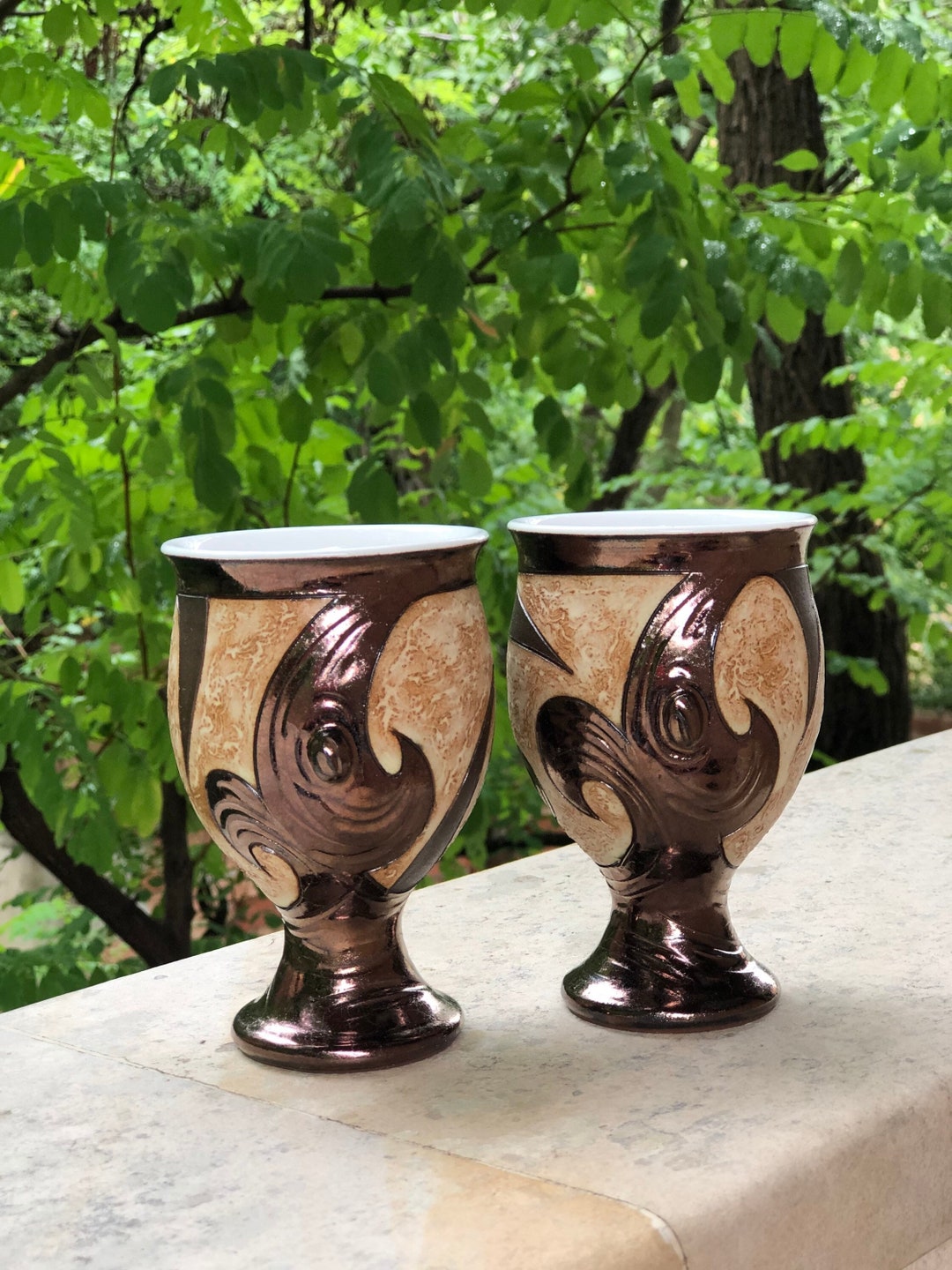 Art Pottery Goblet Set, Handmade Ceramic Wine Glasses, Brown Earthen ...
