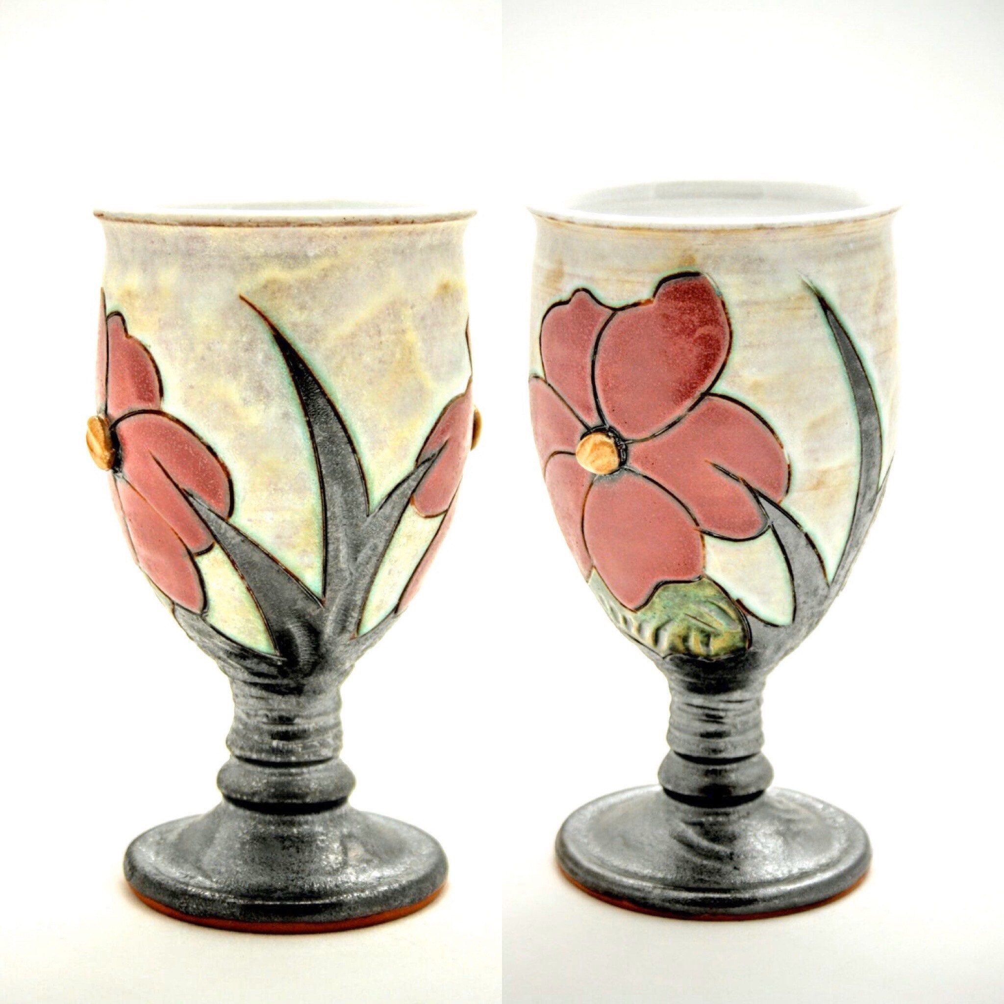Purple Flower Wine Goblet Set Handmade Ceramic Goblet Set - Etsy UK