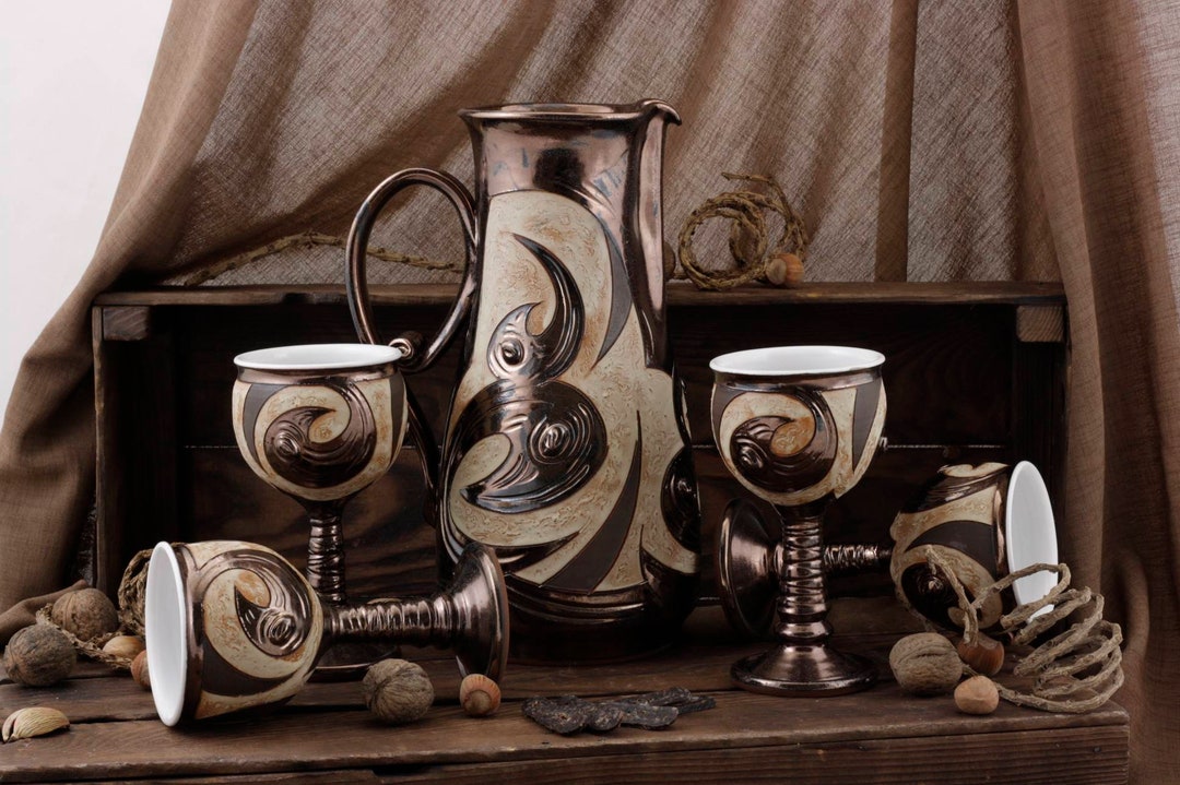Hand Painted Ceramic Wine Set, Pottery Pitcher and Goblets, Anniversary ...
