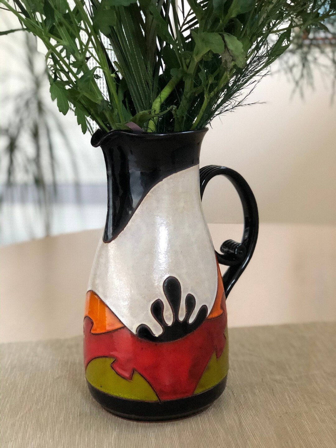 Hand-painted Ceramic Pitcher, Pottery Vase, Whimsical Floral Design ...