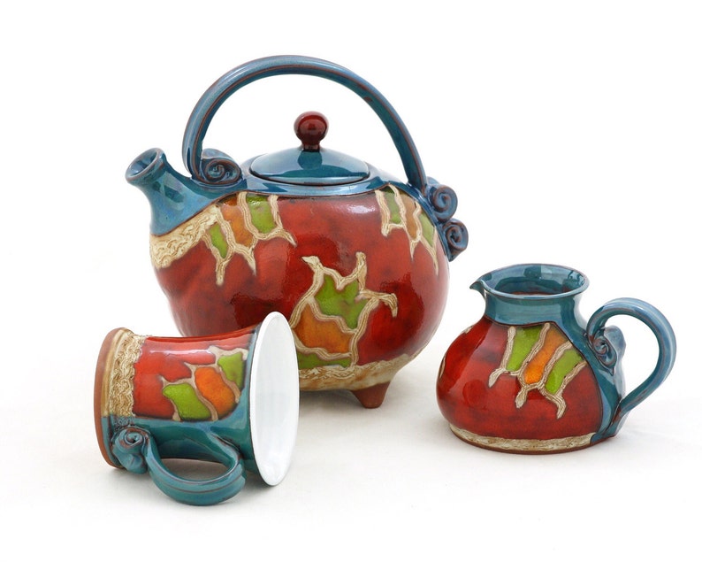Ceramic Teapot Handmade, Clay Teapot Hand Painted- Red and Blue Glaze ...