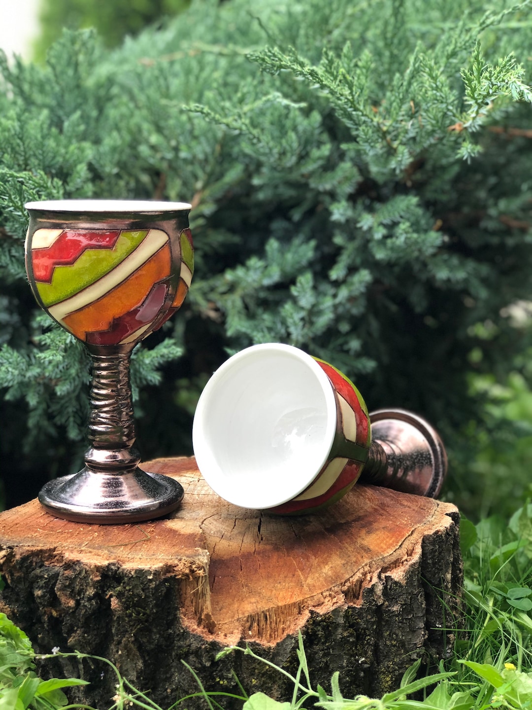 Rainbow Goblet Set, Wheelthrown Pottery Wine Cups, Unique Ceramic Chalice, Wedding Glasses ...