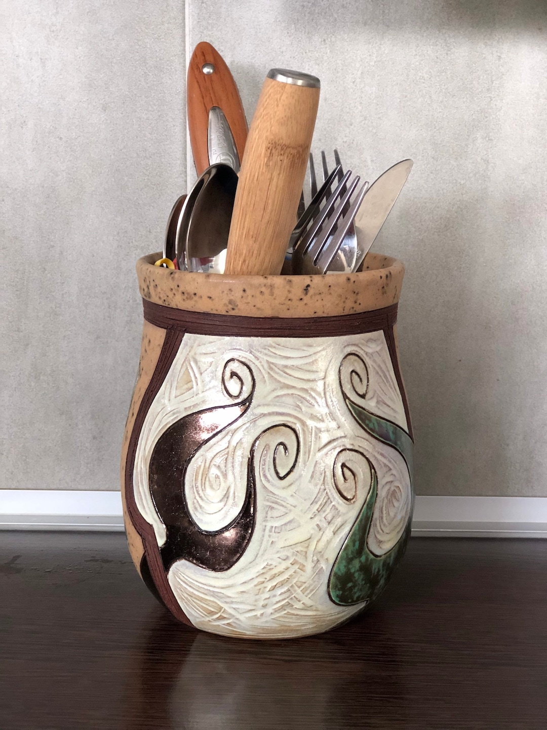 Tulip Special Kitchen Utensil Holder- Large Ceramic Crock- Hand Thrown ...