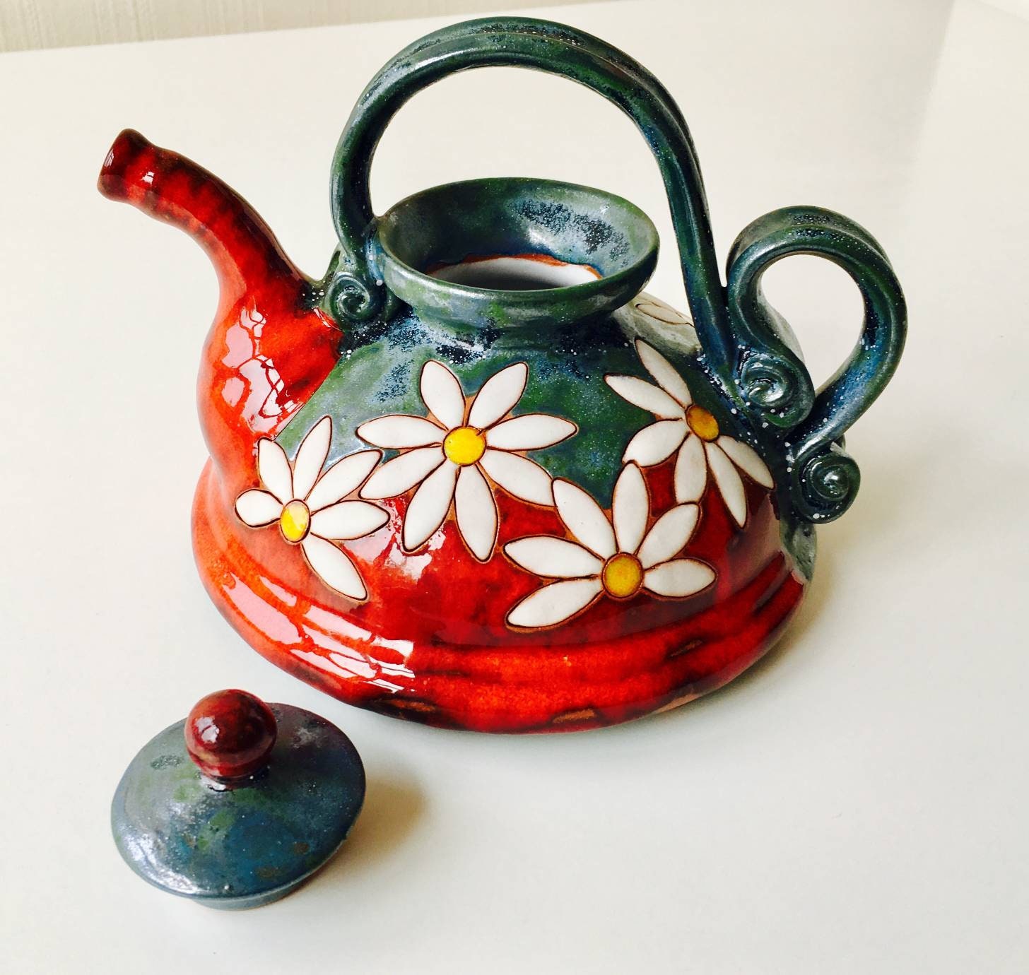 Handmade Teapot, Daisy Wedding Gift, Red and Blue Tea Maker, Unique ...