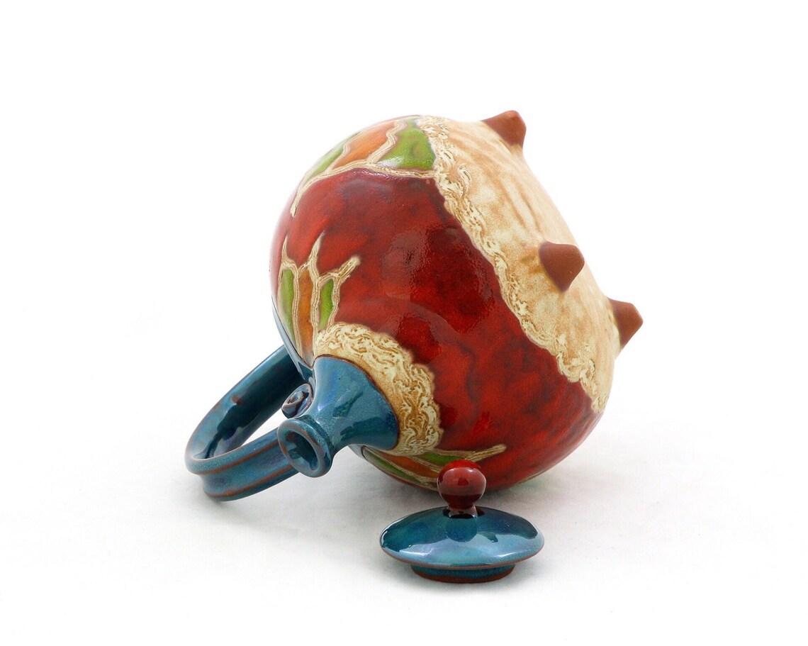 Ceramic Teapot Handmade, Clay Teapot Hand Painted- Red and Blue Glaze ...