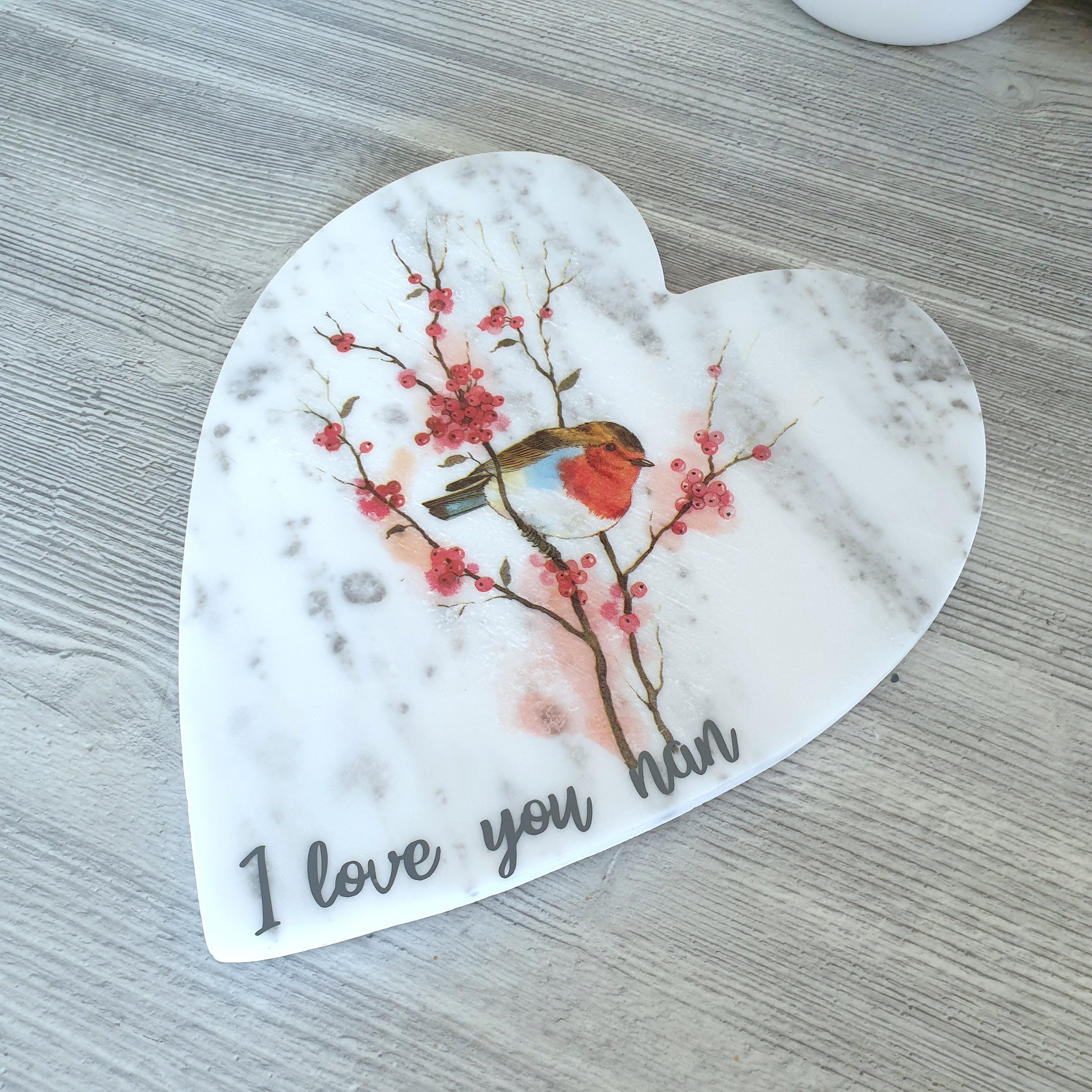 Personalised robin marble heart chopping serving board | Etsy