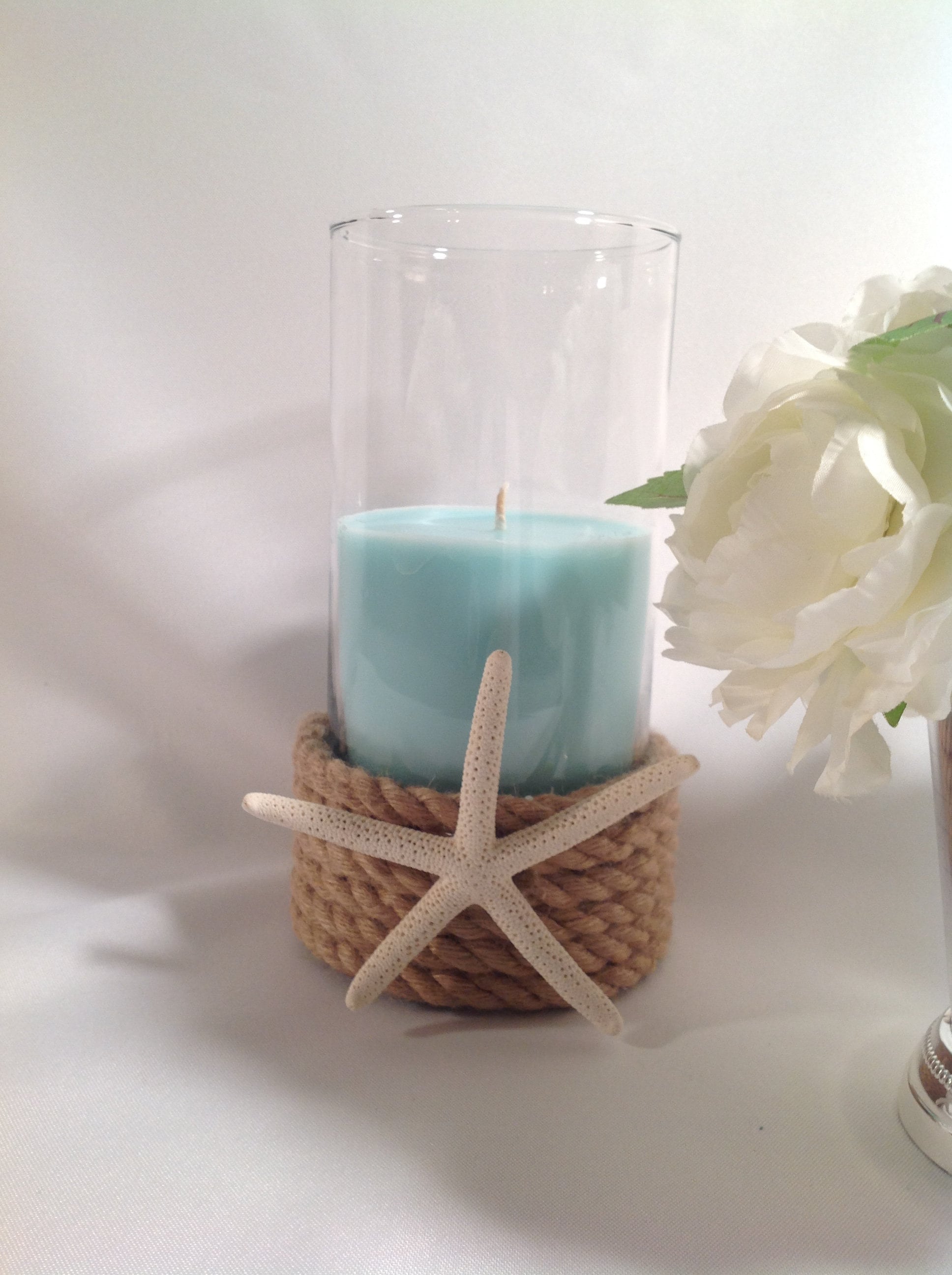 Coastal Beach Nautical Rope Wrapped Glass Pillar Candle Holder Aqua ...